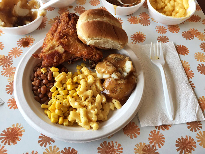 A plate that understands the importance of balance&mdash;crispy chicken, creamy mac and cheese, and beans that didn't come from a can.