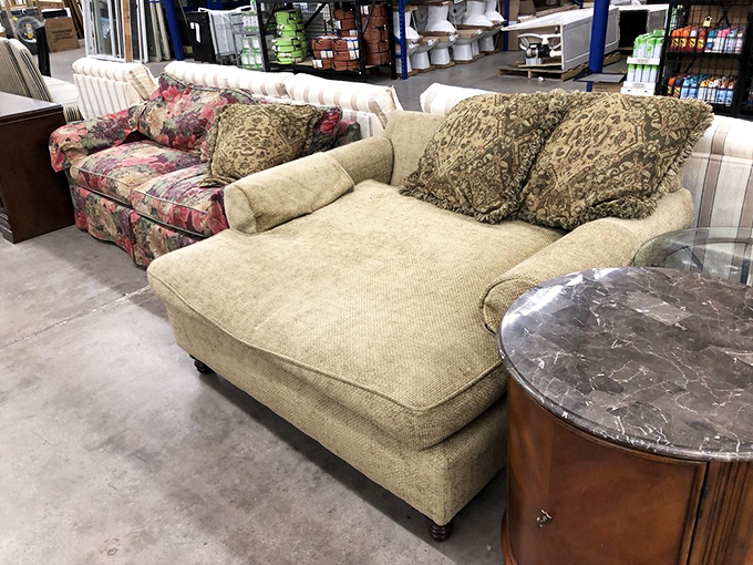 Comfortable sofas waiting for new living rooms where they'll host movie nights and afternoon naps.