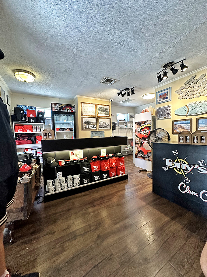 The merchandise corner offers a chance to take home Tony's branded souvenirs—because sometimes memories alone aren't enough when the chowder was this good.