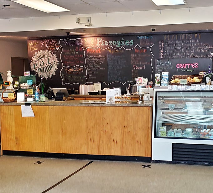 The counter where pierogi dreams are born, complete with a chalkboard menu that reads like a love letter to dumplings.