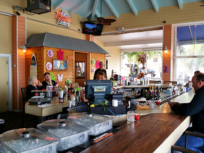 The bar area&mdash;where seafood stories get taller and cocktails get stronger as the evening progresses. A front-row seat to coastal conviviality.