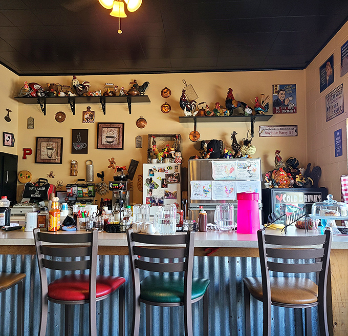 The counter where magic happens &ndash; corrugated metal meets comfort food in a space that's equal parts rustic charm and breakfast paradise.