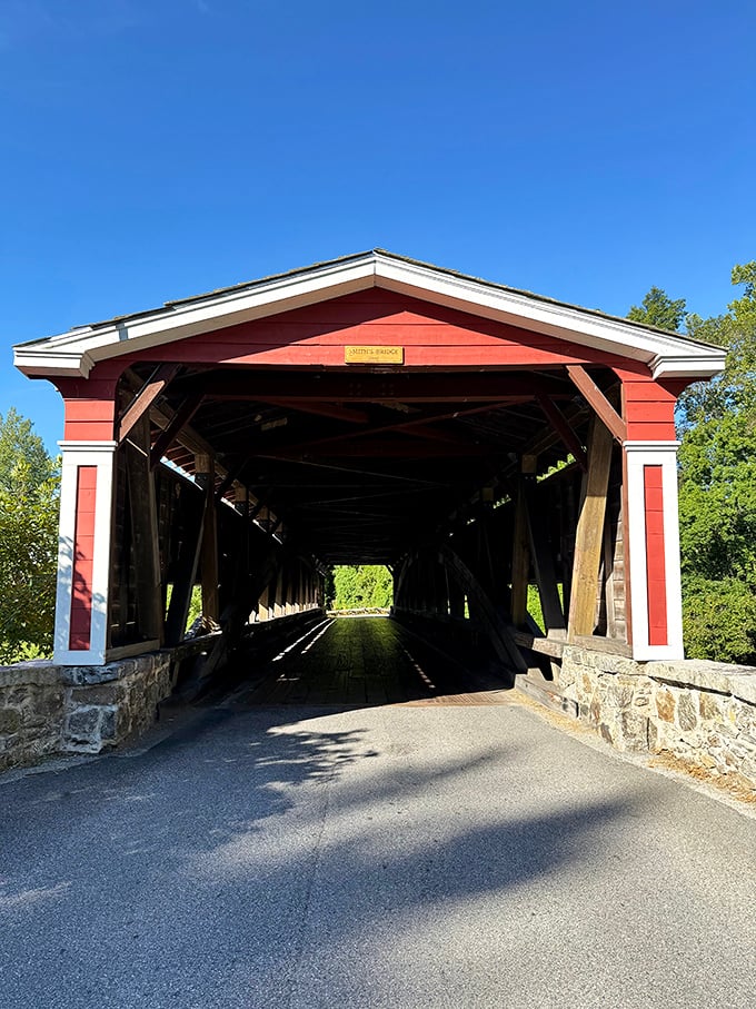 Looking through the bridge's tunnel-like interior creates a perfect frame for the lush Delaware landscape waiting on the other side.