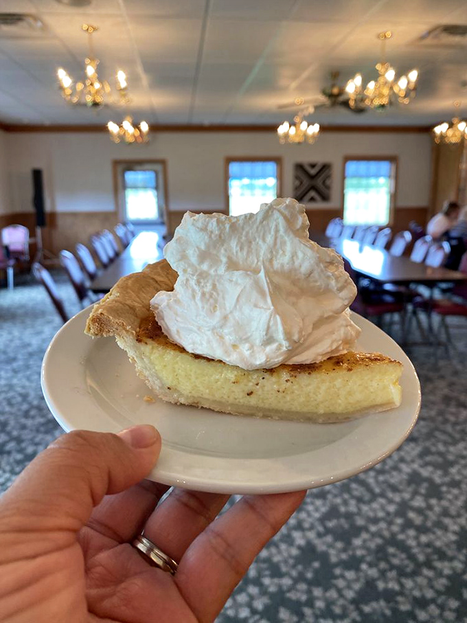 Custard pie with a cloud of whipped cream. If sunshine could be captured in dessert form, this would be it.