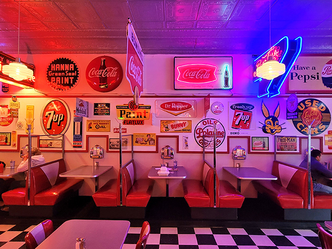 Wall-to-wall Americana that doesn't feel forced. Each vintage sign and neon light has earned its place in this museum of mid-century nostalgia.