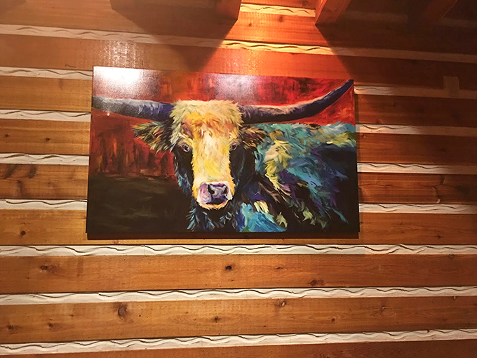 That longhorn painting isn't just watching you eat&mdash;it's practically daring you to order another rack of ribs. Challenge accepted.