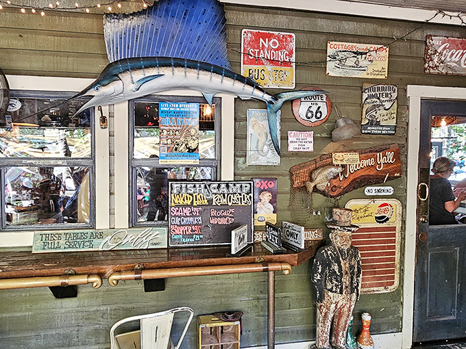 Wall decorations that feel like a fishing shack and maritime museum had a baby &ndash; complete with a marlin keeping watch.