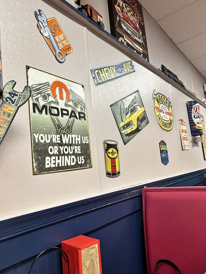 Wall art that speaks to gearheads and food lovers alike. "You're with us or you're behind us" applies to both racing and lunch.