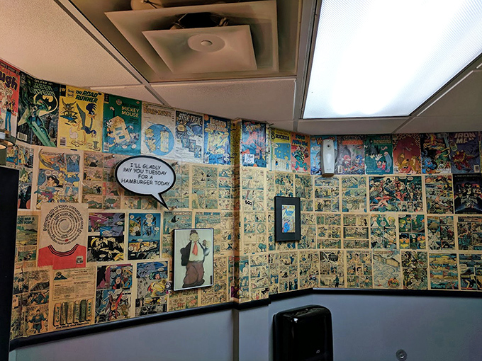 Comic book pages wallpaper the space, proving Bearden's understands that great food should come with a side of whimsy and nostalgia.
