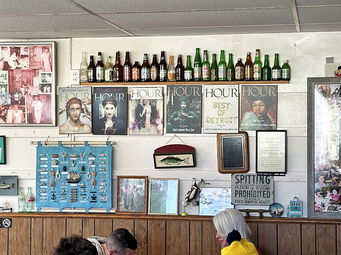 The wall of fame showcases decades of Detroit history, local pride, and the occasional "Hour" magazine cover&mdash;a time capsule with your meal.