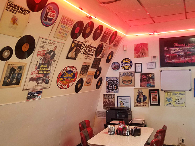 The walls tell stories through vinyl records and Route 66 memorabilia, creating an atmosphere that's equal parts nostalgia trip and rock 'n' roll breakfast joint.