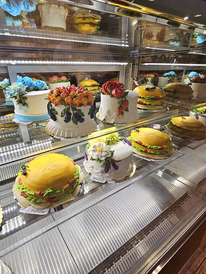 The dessert case displays temptations that would make a saint reconsider their life choices.