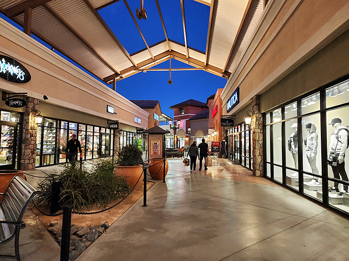 Evening shopping transforms into a romantic stroll, where covered walkways protect your purchases from California's unpredictable weather patterns.