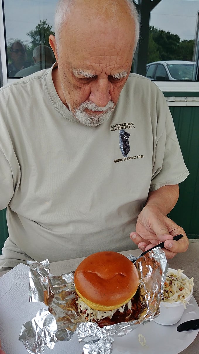 Nothing beats watching pure barbecue joy unfold as tender pulled pork meets perfectly toasted bun in harmony.