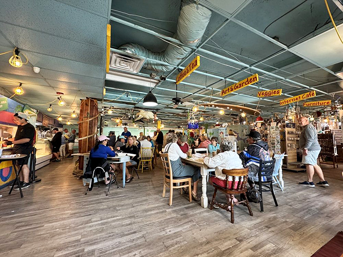 The gift shop section dangles treasures from every surface, like a pirate's booty of jewelry, crafts, and coastal keepsakes waiting to be discovered.