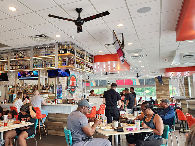 A bustling dining room where strangers become friends, united by the universal language of "mmm" and "pass the ketchup."