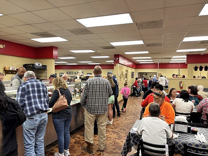 The lunch rush at Shealy's—a democratic gathering where doctors, farmers, and road-trippers unite under the banner of great barbecue.