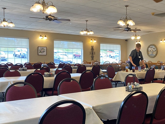 A dining room ready for the after-church crowd, where conversations flow as freely as the coffee and nobody rushes you out.