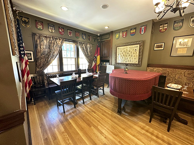 A piano room that whispers of musical evenings past, where German songs once filled the air as glasses clinked in celebration.