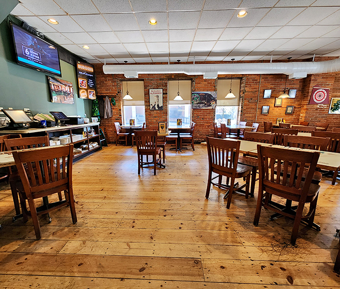 Wide-plank wooden floors that have supported generations of diners, with exposed brick walls that could tell a century of Cleveland stories.