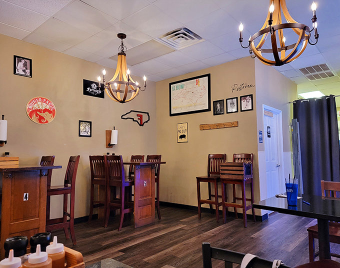 Dining area that hits that sweet spot between "nice enough for date night" and "casual enough for Tuesday lunch." Those chandeliers add unexpected charm.