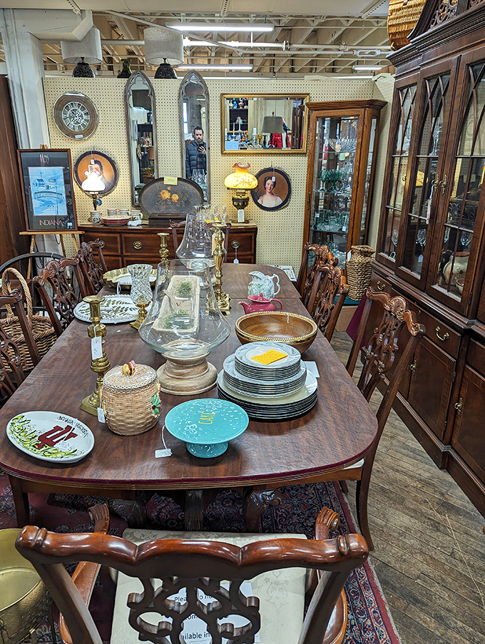Elegant dining sets await their next dinner party, each plate and serving piece telling stories of holiday meals and special occasions from decades past.
