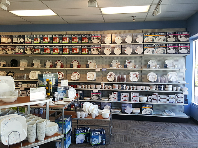 Corelle dishware display that would make your grandmother swoon. Practical elegance at prices that leave room in your budget for actual dinner.