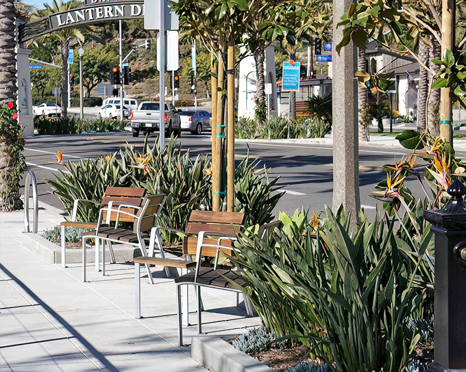 Bird of Paradise plants and modern seating create urban oases throughout Dana Point's Lantern District, perfect for people-watching or sea-breeze catching.