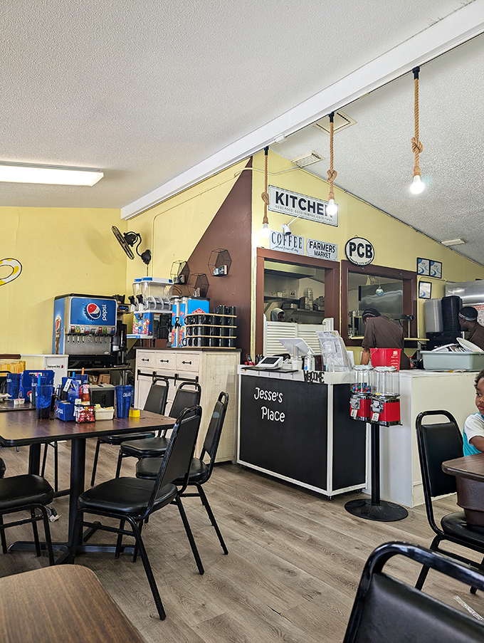 Where breakfast magic happens – the counter area reveals glimpses of the kitchen where ordinary ingredients transform into extraordinary meals.