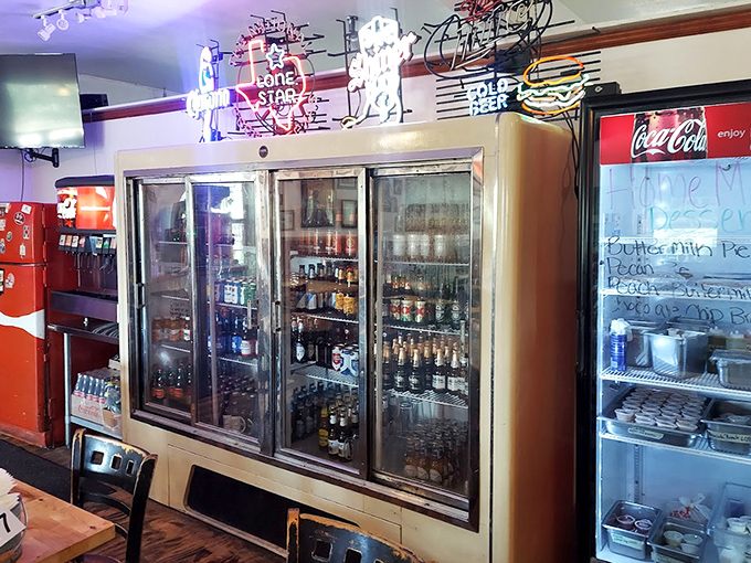 The beer fridge&mdash;a shrine to liquid refreshment that perfectly complements those monumental burgers waiting just a few feet away.