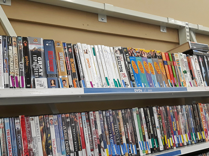 DVDs lined up like a physical Netflix from 2005, when "streaming" still primarily referred to what creeks do.