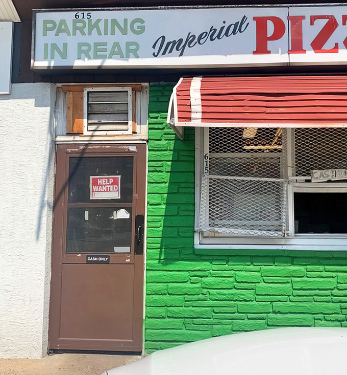 The entrance to pizza nirvana. That blue and green paint job makes Imperial Pizza impossible to miss, like a delicious beacon on the street.