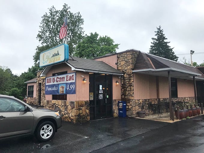 The sign promises "All U Can Eat Pancakes"&mdash;four words that have launched a thousand food challenges and loosened a million belts.