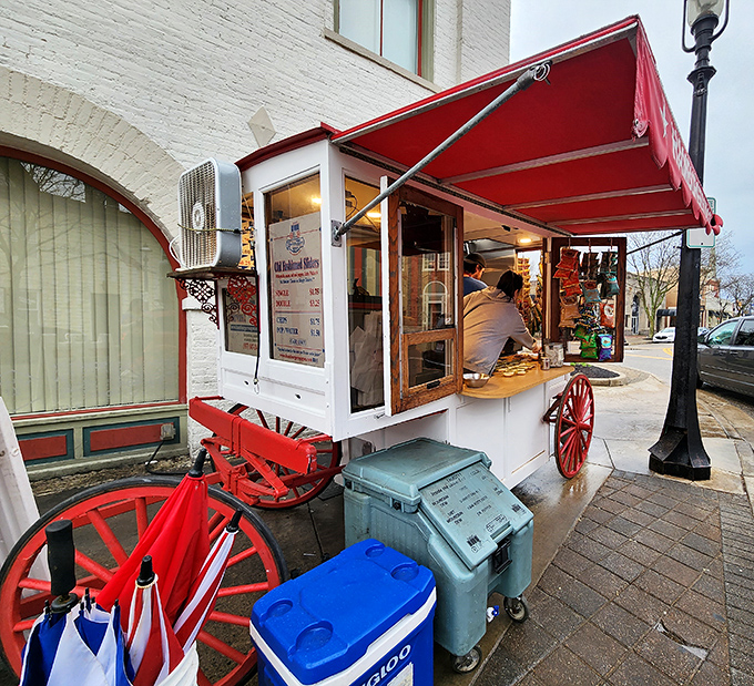 The wagon in its natural habitat, nestled against historic Miamisburg architecture. Like a time portal disguised as a lunch counter.