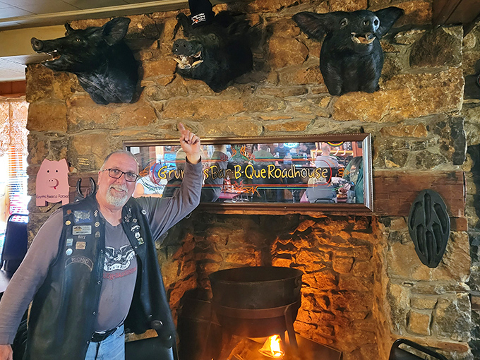 Wild boar trophies watch over a stone fireplace&mdash;the ultimate barbecue guardian spirits. Even the d&eacute;cor reminds you this place takes meat seriously.