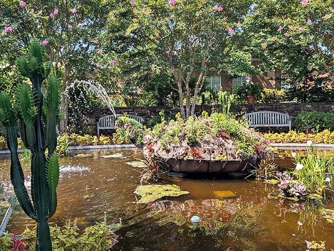 Desert meets oasis in this creative water feature. That cactus looks as surprised to be there as we are to see it.