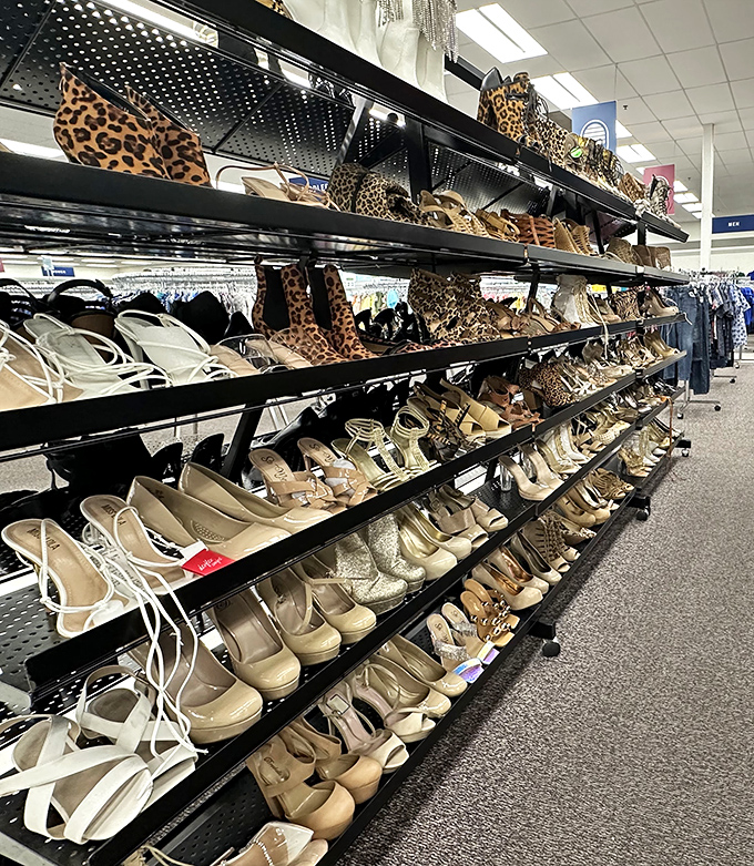 The shoe section: a fashionista's playground where leopard print meets practical beige in a democratic display of footwear possibilities.