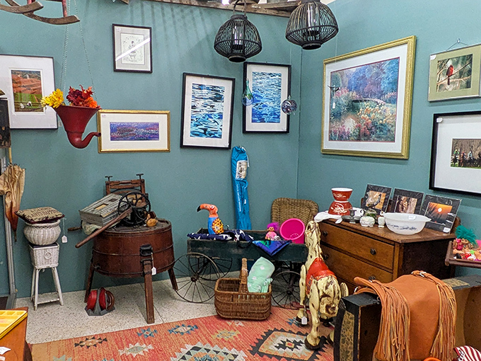 Framed artwork covering walls like a gallery where every piece tells someone's forgotten living room story.