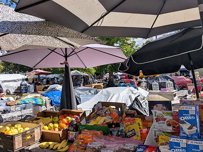 Snack central! Fresh fruit mingles with packaged treats under colorful umbrellas. Shopping works up an appetite that these vendors understand.