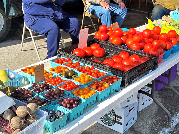 Fresh produce sharing space with flea market finds, because tomatoes and treasures make perfect neighbors apparently.