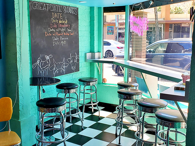 Date shake central with a view. The window counter offers prime Palm Canyon Drive people-watching while you contemplate your next flavor conquest.