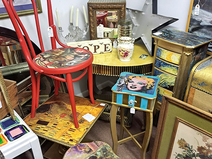 Pop art meets vintage furniture in this eclectic corner. That Marilyn Monroe table would have Andy Warhol reaching for his checkbook.