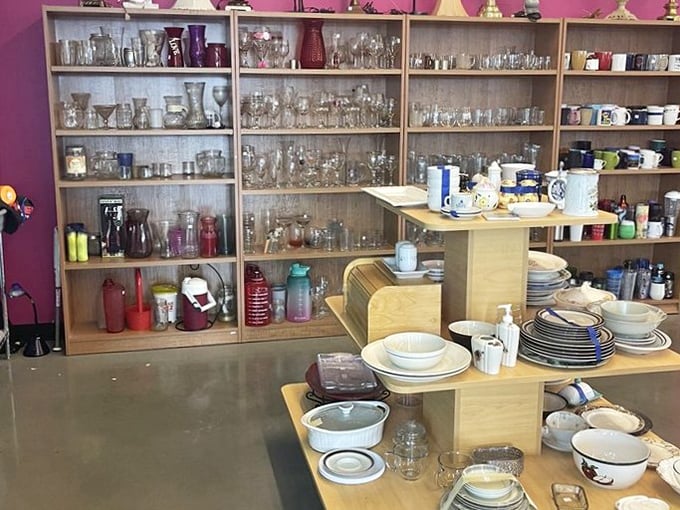 The glassware section sparkles with potential, each piece whispering tales of dinner parties past and brunches future.