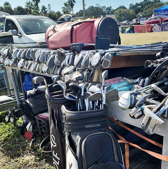 Golf clubs standing at attention like soldiers, ready to improve someone's Sunday game&mdash;or at least try.