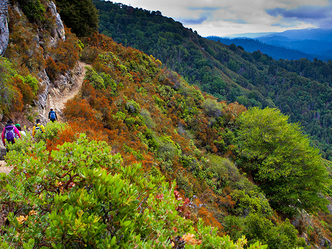 Living on the edge has never looked so beautiful. These hikers navigate a trail that balances precariously between mountain and sky.