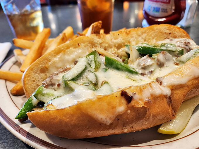 A hoagie that's practically winking at you, saying "Yes, I'm worth every napkin you'll need" as melted cheese embraces those green peppers.