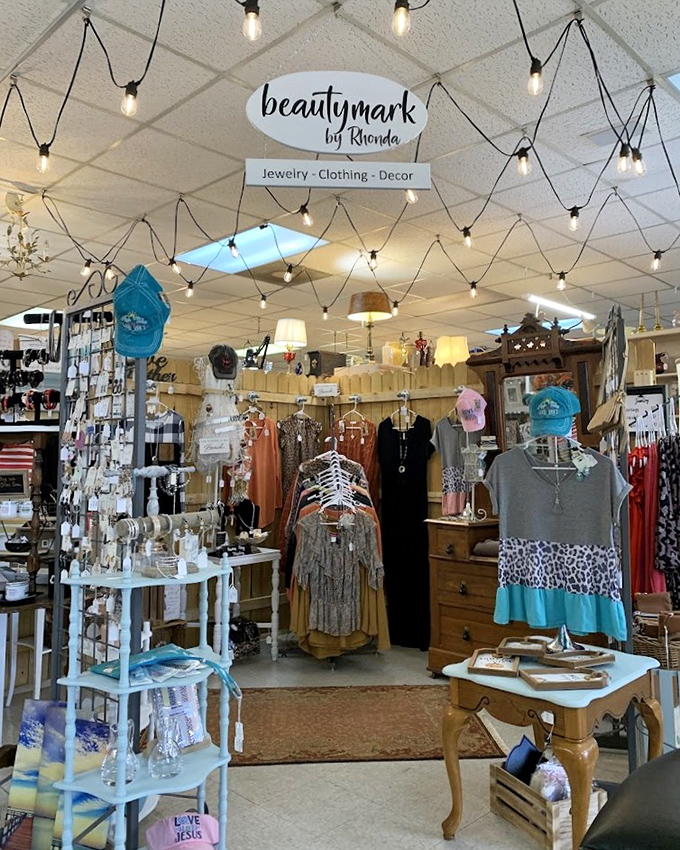 A boutique within the antique store offers a fresh take on vintage style. Those string lights create the perfect Instagram-worthy shopping moment.