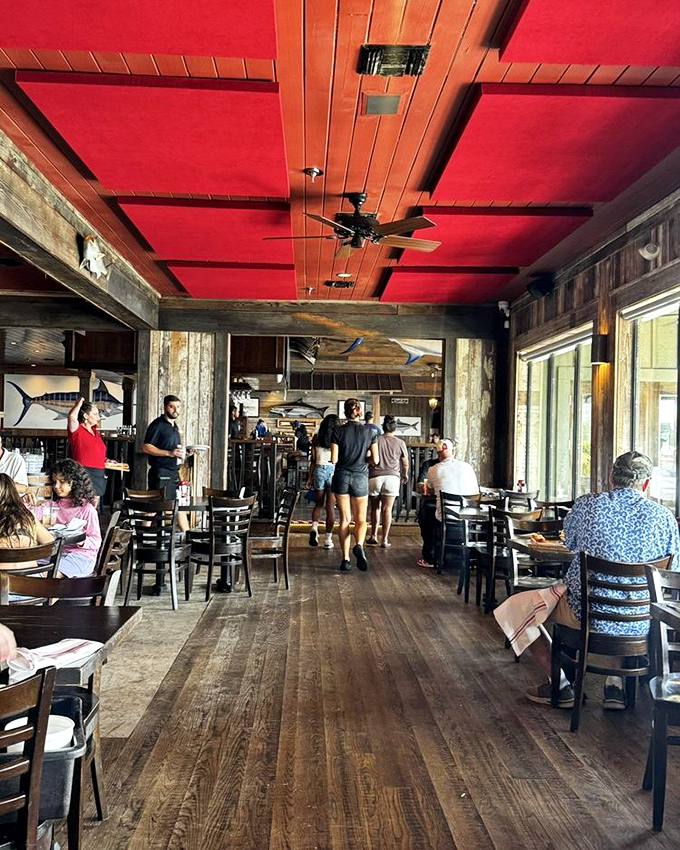 That striking red ceiling draws your eye up, but it's the aroma of fresh seafood that will keep your attention firmly on what's coming from the kitchen.
