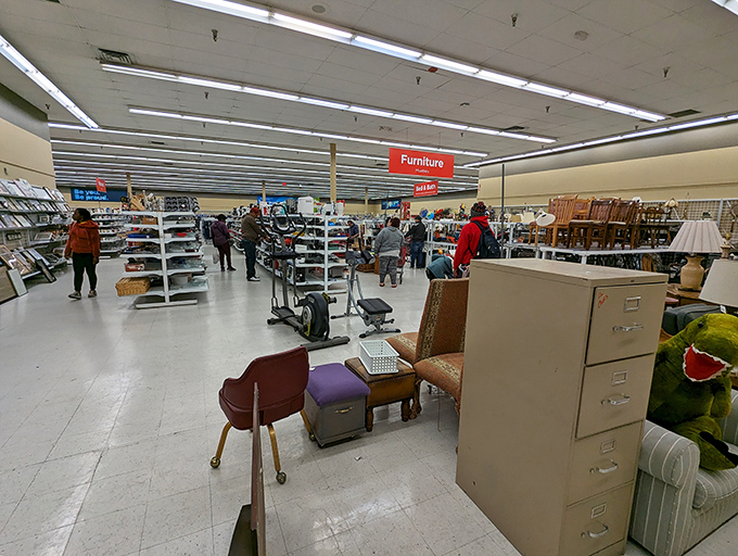 The furniture section: where mid-century meets millennium in a delightful hodgepodge of seating possibilities. That office chair might have witnessed the birth of the internet.