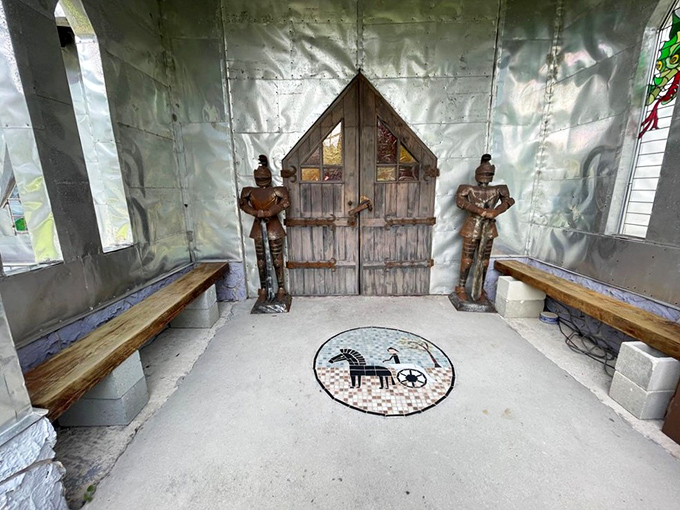 Knight guards flank the entryway, standing eternal watch over a mosaic floor that adds another layer to this handcrafted wonderland.